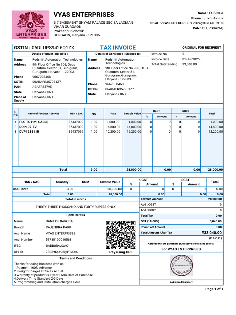 Invoice for Redshift Automation Tech | PDF | Taxation | Government Finances