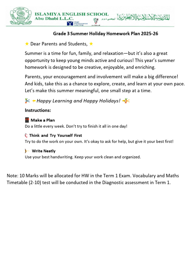 Grade 3 Summer Homework 2025-26 | PDF | Education Theory | Education Reform