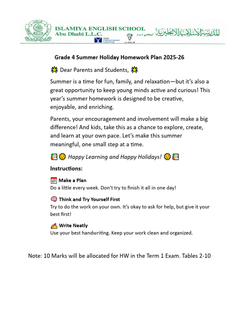 Grade 4 Summer Vacation HW 2025-26 | PDF | Psychology