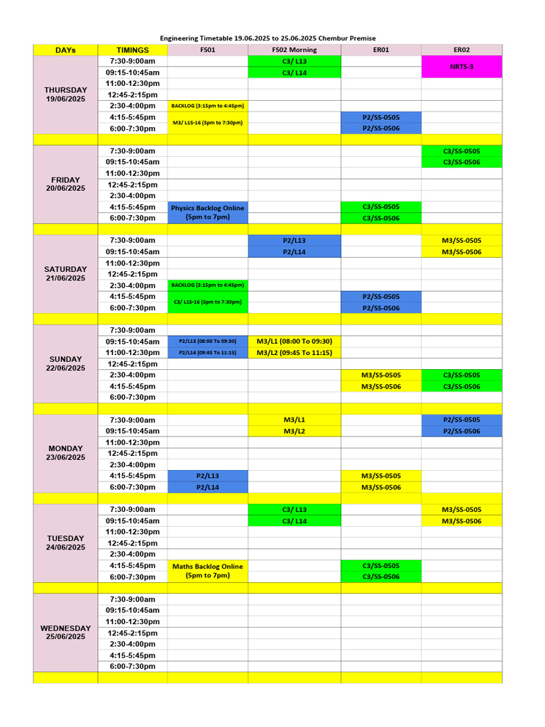 Engineering Timetable 19.06.2025 To 25.06.2025 Chembur Premise | PDF