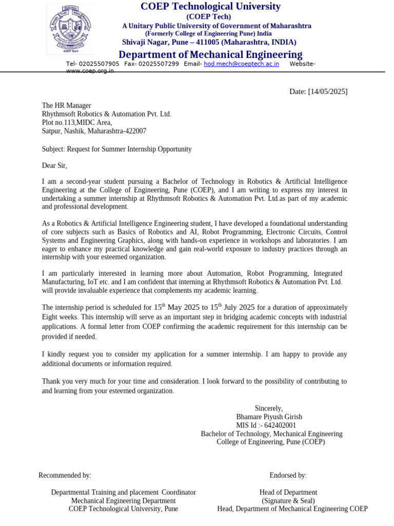 Internship Request to Rhythmsoft Robotics | PDF | Engineering