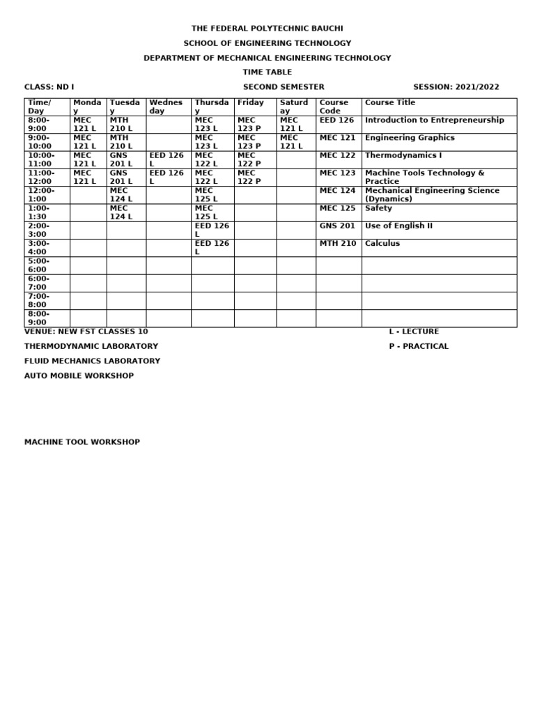 Mechanical 2nd Semester Lecture Time Table | PDF | Engines | Mechanical ...