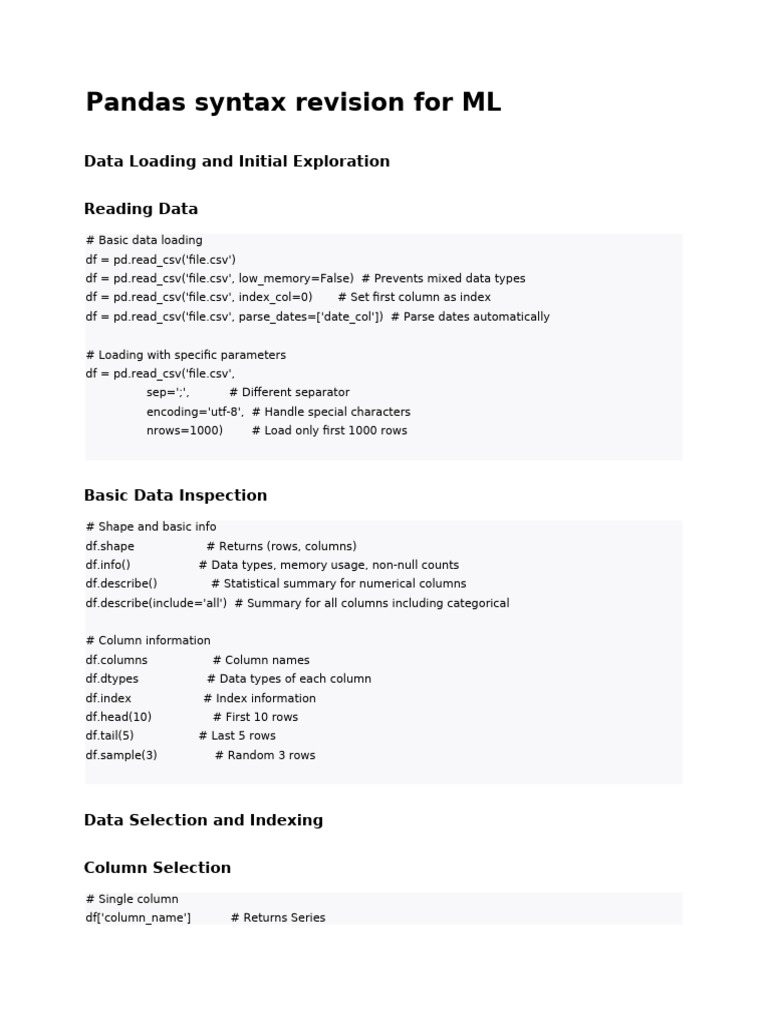 Pandas Syntax Revision For ML | PDF | Comma Separated Values | Software Engineering
