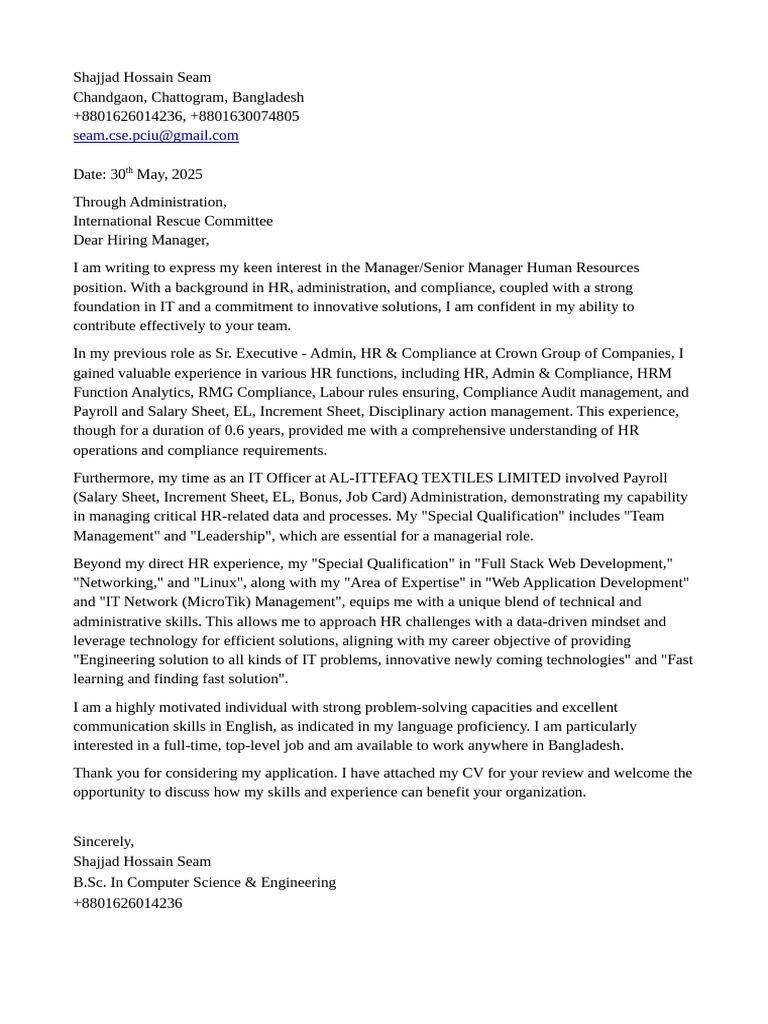 Cover Letter Irc | PDF