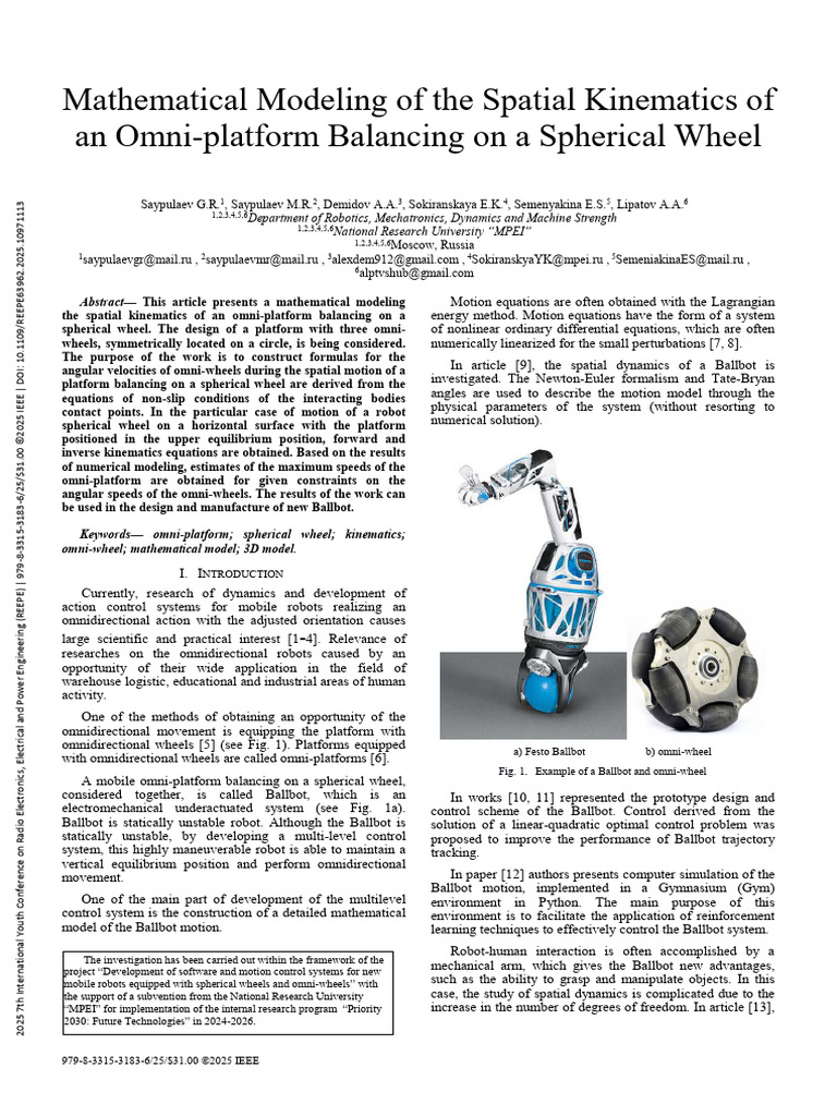 2025 Mathematical Modeling of The Spatial Kinematics of An Omni-Platform Balancing On A ...
