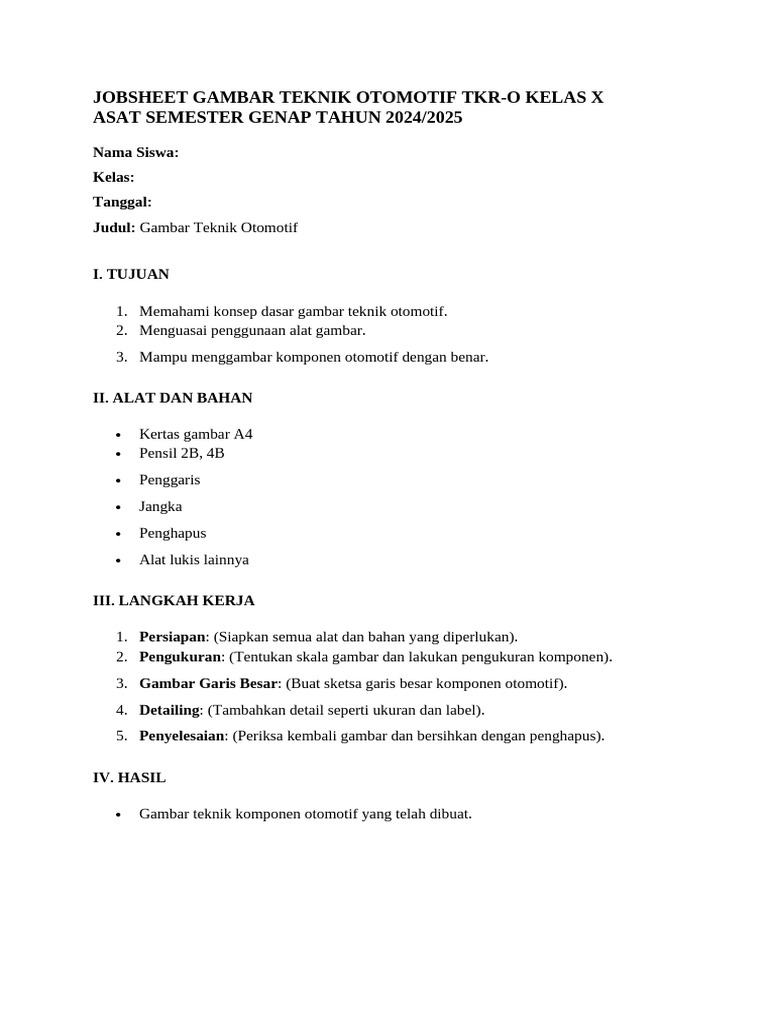 Jobsheet Gambar Teknik Otomotif TKR | PDF