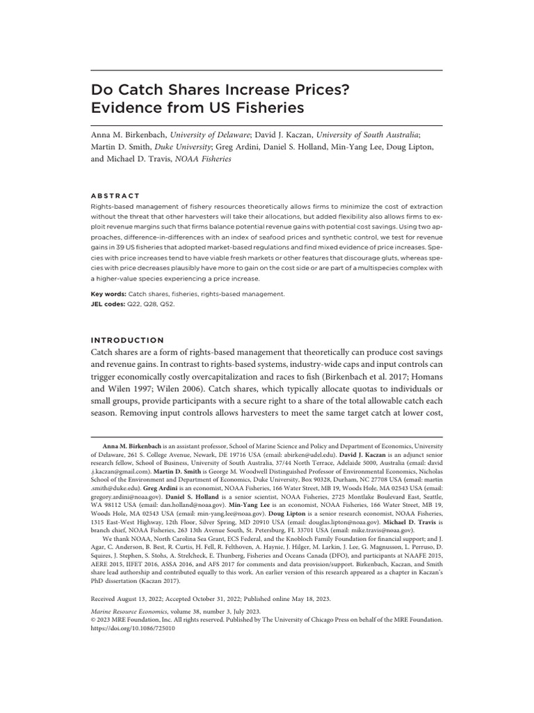 Birkenbach Et Al 2023 Do Catch Shares Increase Prices Evidence From Us ...