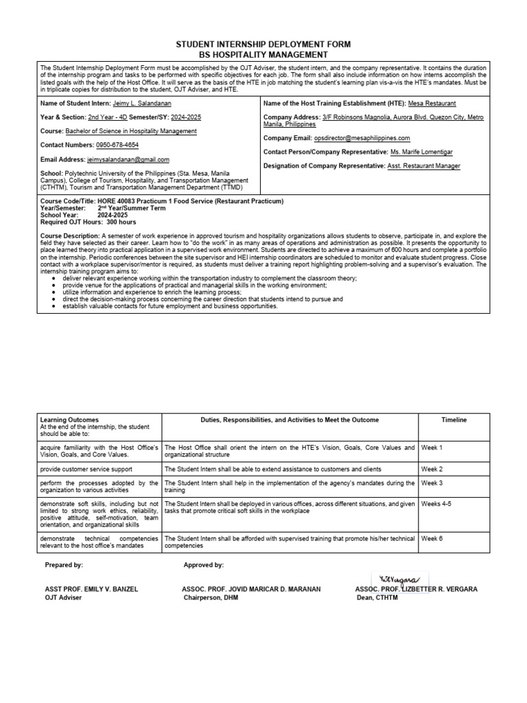 Student Internship Deployment Form | PDF | Behavior Modification | Learning