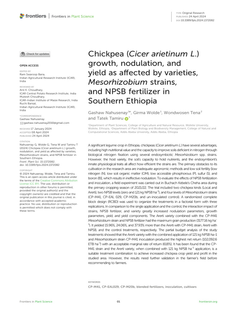 A Field Research On Biofertilizer and NPSB Fertilizer On Chickpea Yield ...