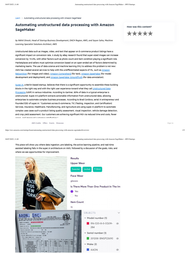 Automating Unstructured Data Processing With Amazon SageMaker - AWS Startups | PDF | Artificial ...