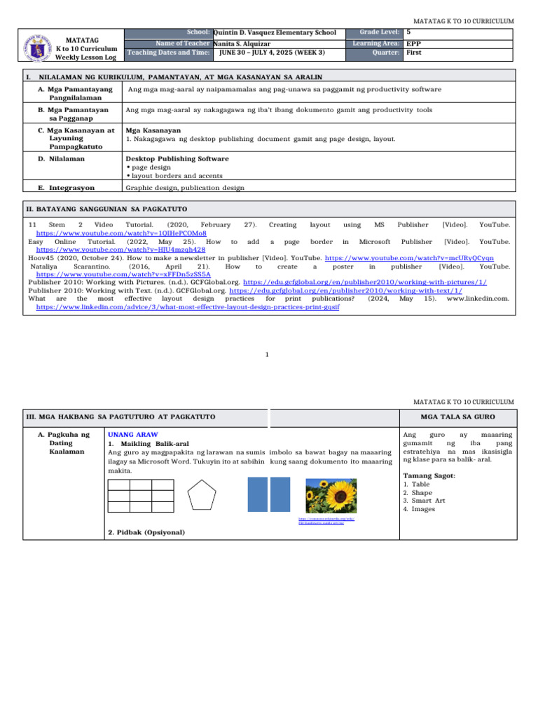 DLL Matatag - Epp 5 Q1 W3 | PDF