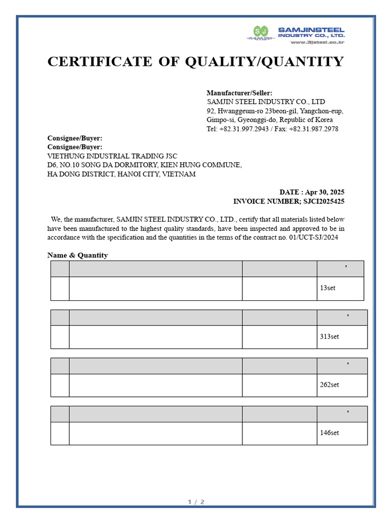 Quality Certificate for SAMJIN Steel Products | PDF | Yield ...