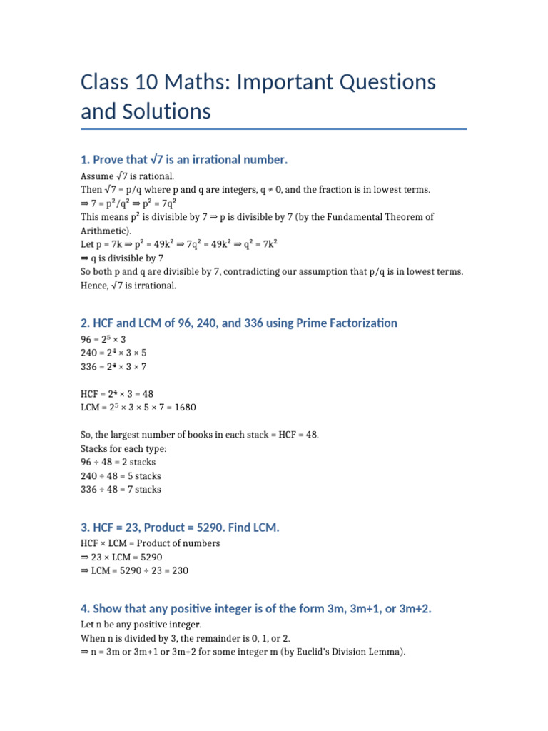 Class 10 Maths Important Questions | PDF