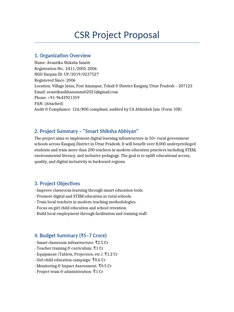 CSR Proposal Avantika Shiksha Samiti | PDF