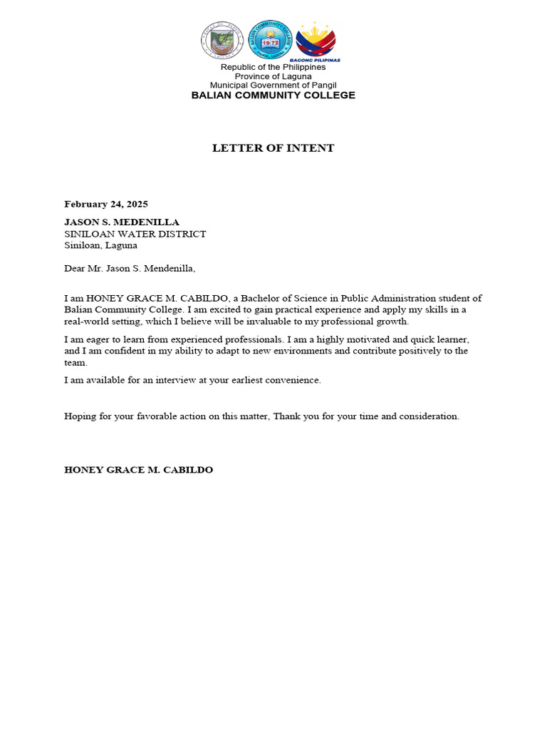 OJT Letter of Intent by Honey Grace Cabildo | PDF