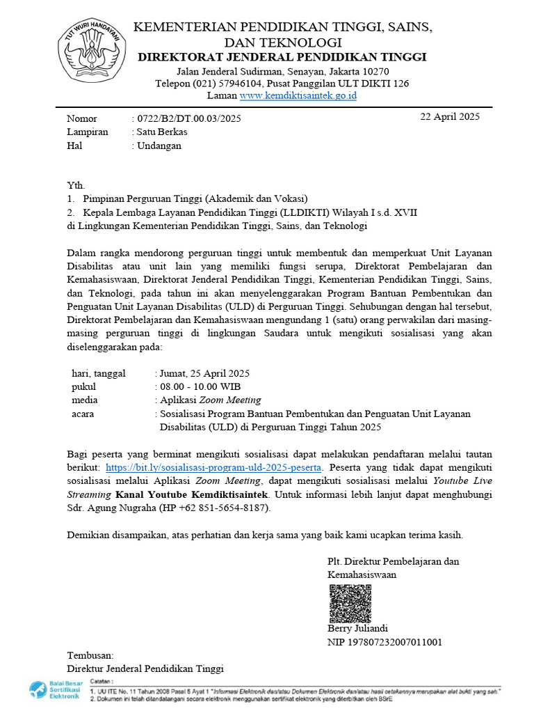 Surat Undangan Sosialisasi Program Bantuan ULD 2025 Publish | PDF