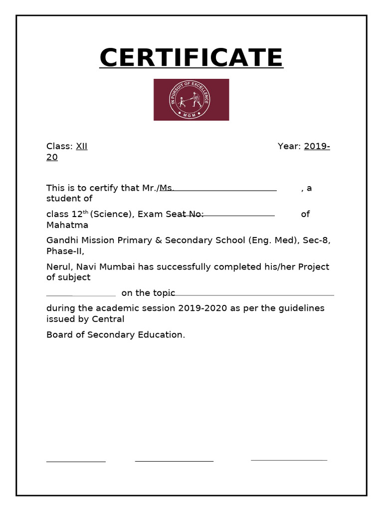 Project Completion Certificate Class 12 | PDF