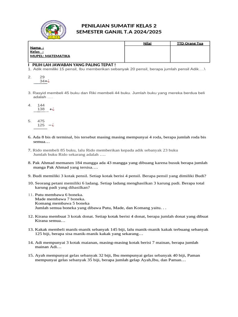 Penilaian Sumatif Kelas 2 MTK Ganjil | PDF