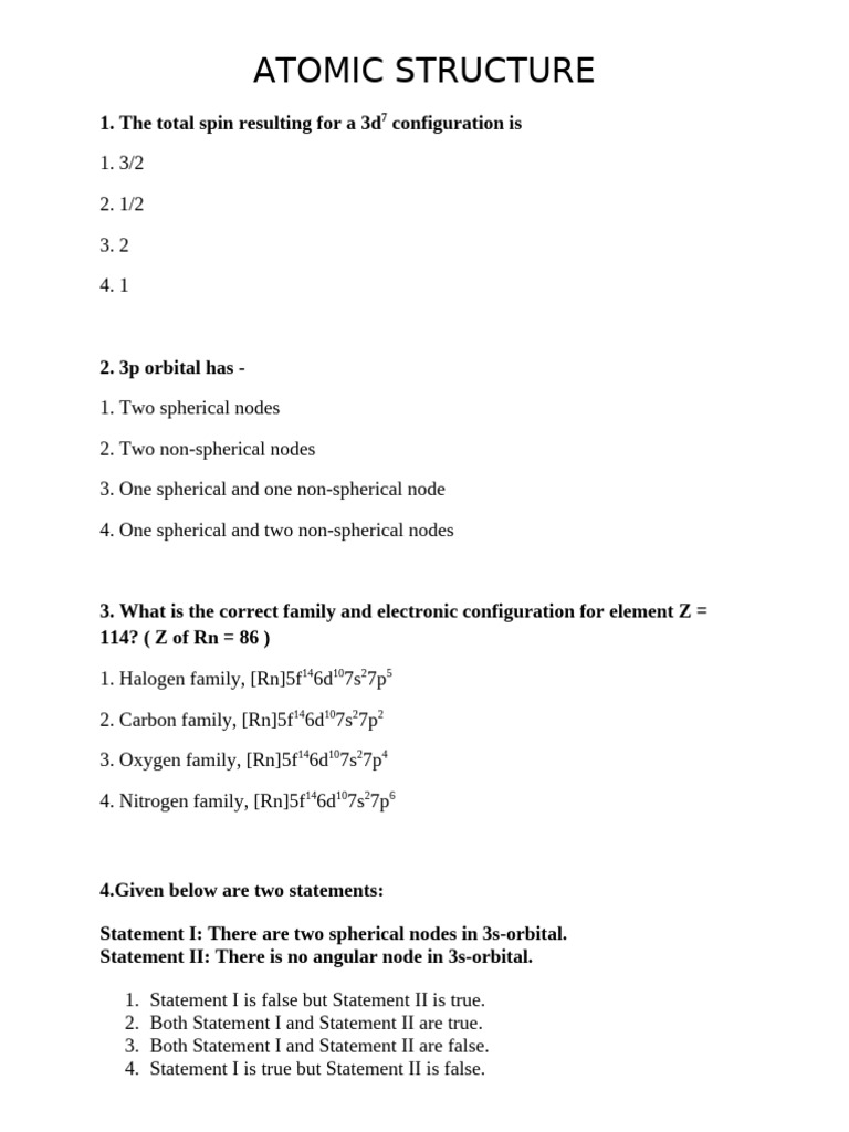 Atomic Structure and Quantum Numbers Quiz | PDF | Atomic Orbital ...