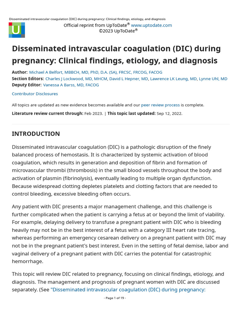 Disseminated Intravascular Coagulation (DIC) During Pregnancy Clinical ...