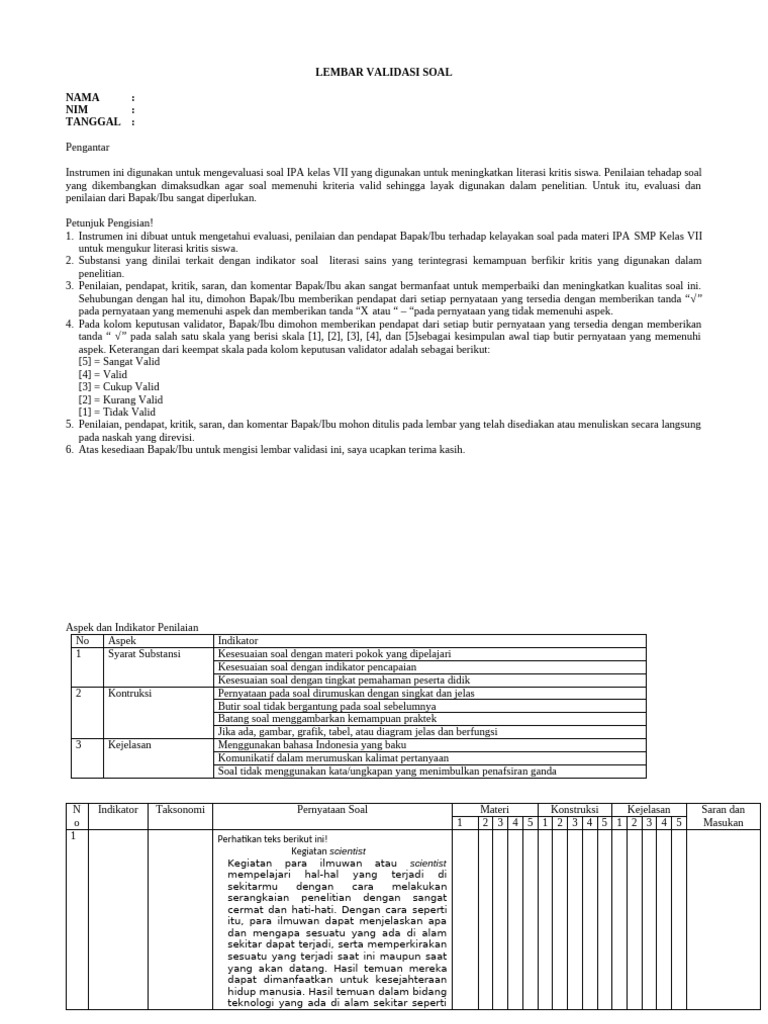 Format Lembar Validasi Soal | PDF