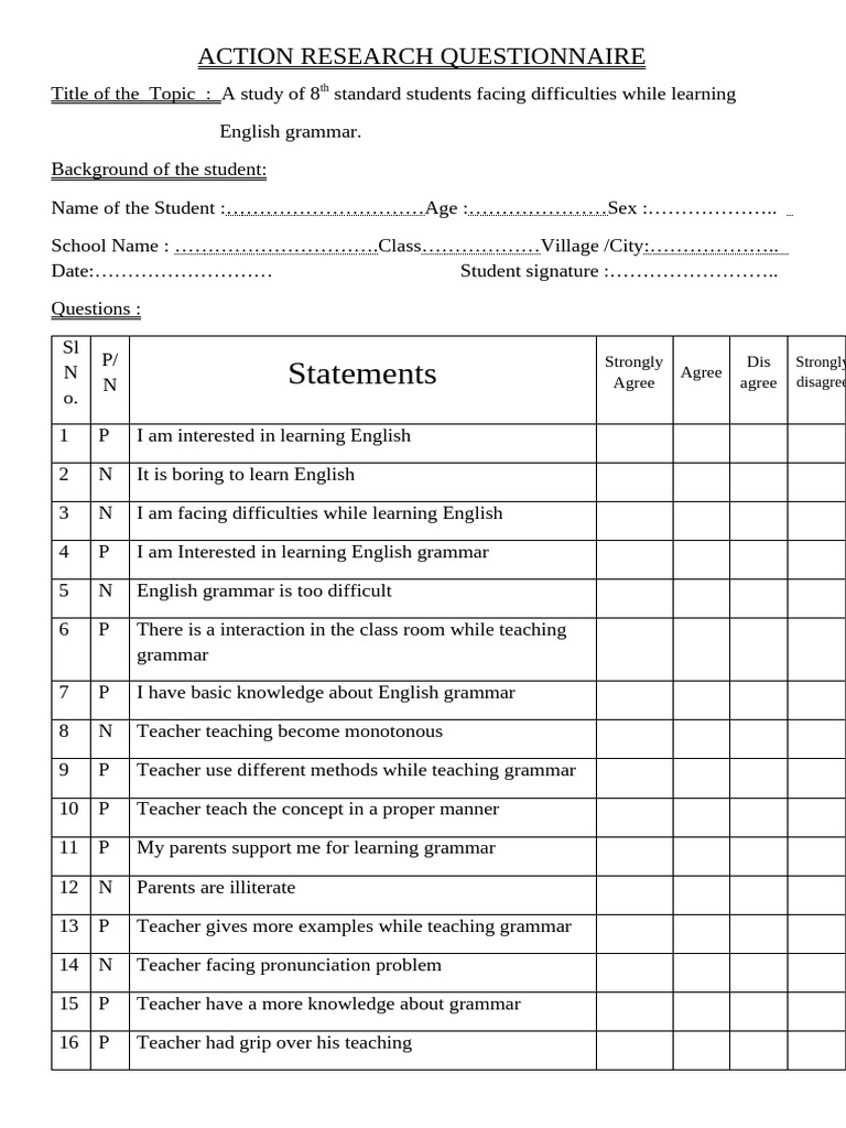 8th Grade English Grammar Learning Survey | PDF | Teachers | Learning