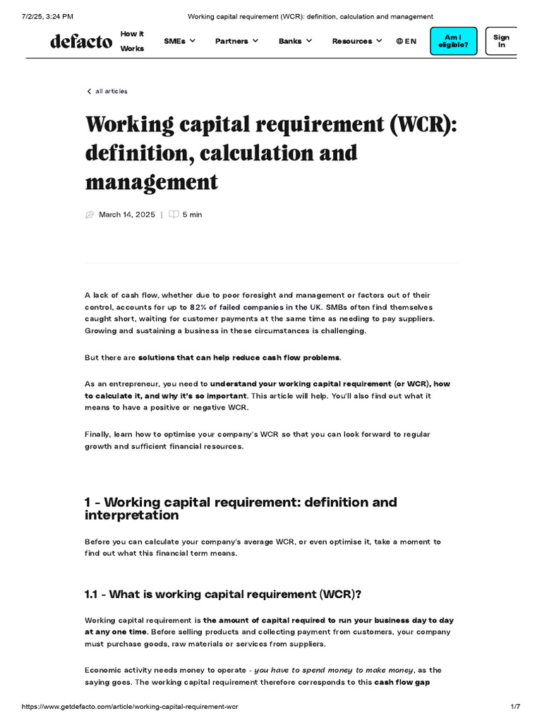 Working Capital Requirement (WCR) - Definition, Calculation and Management | PDF | Working ...