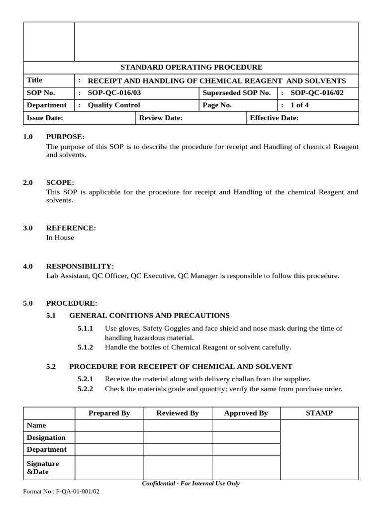 Chemical Reagent Handling SOP | PDF | Safety