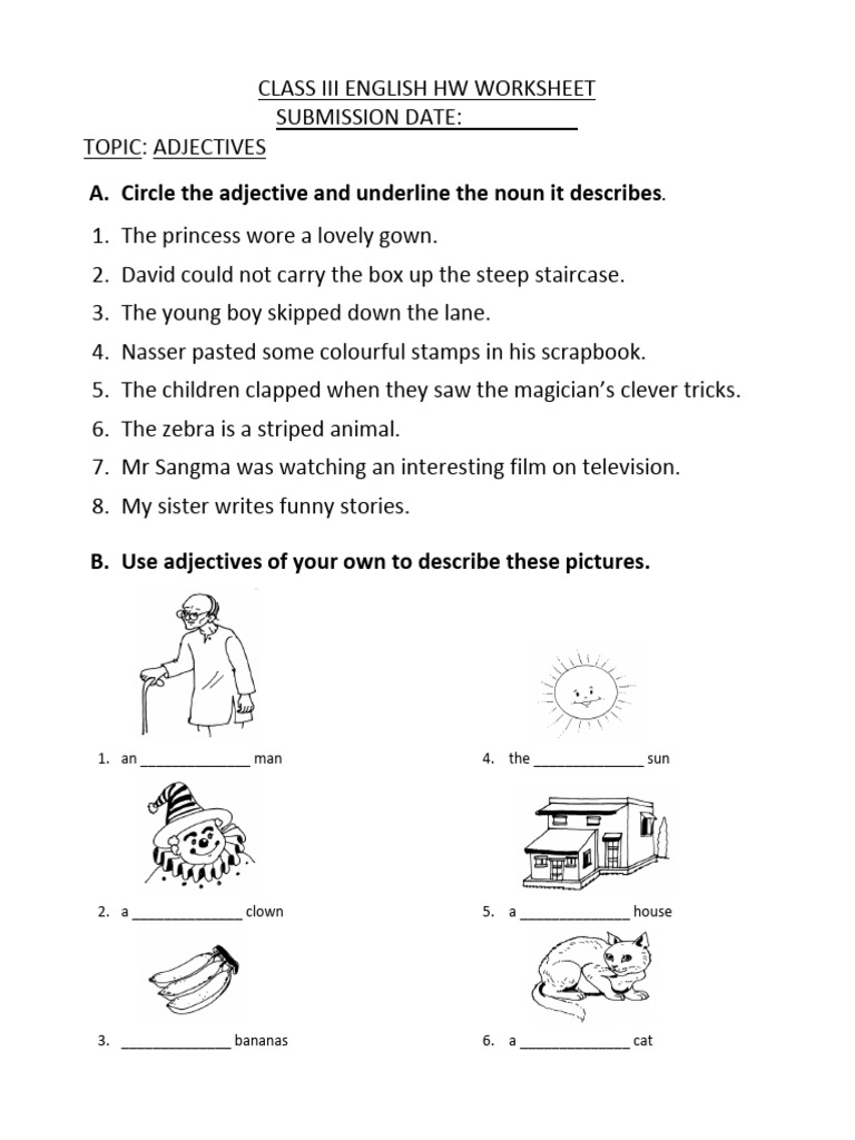 Adjective Worksheet for Class 3 | PDF