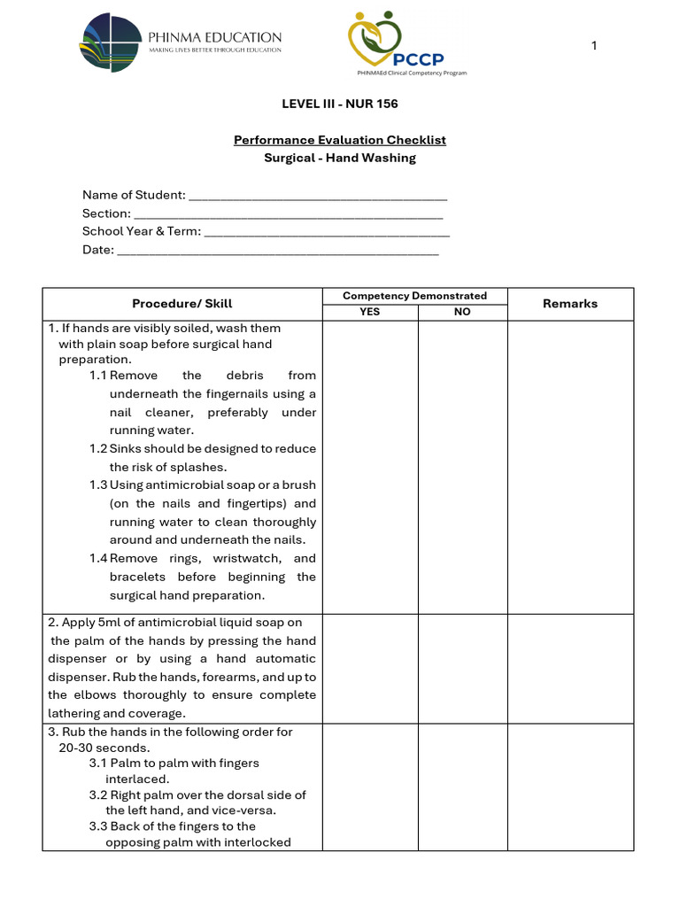 Surgical Hand Hygiene Evaluation Checklist | PDF | Hand | Finger