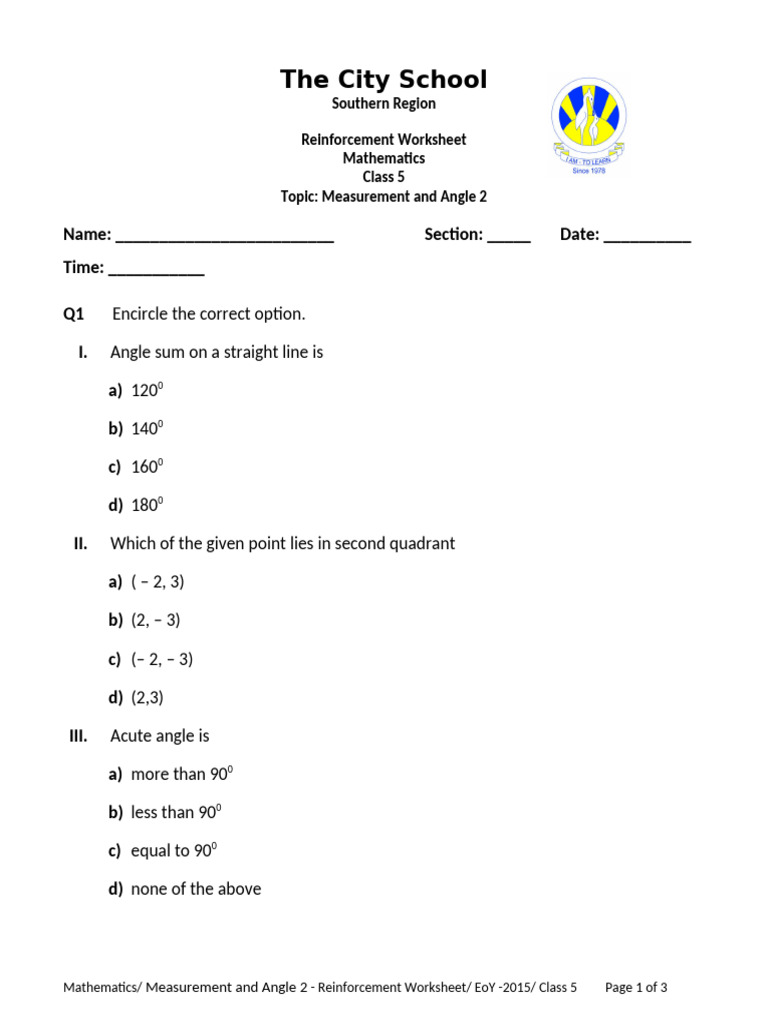 Class 5 Reinforcement Worksheet Measurement and Angles 2 | PDF
