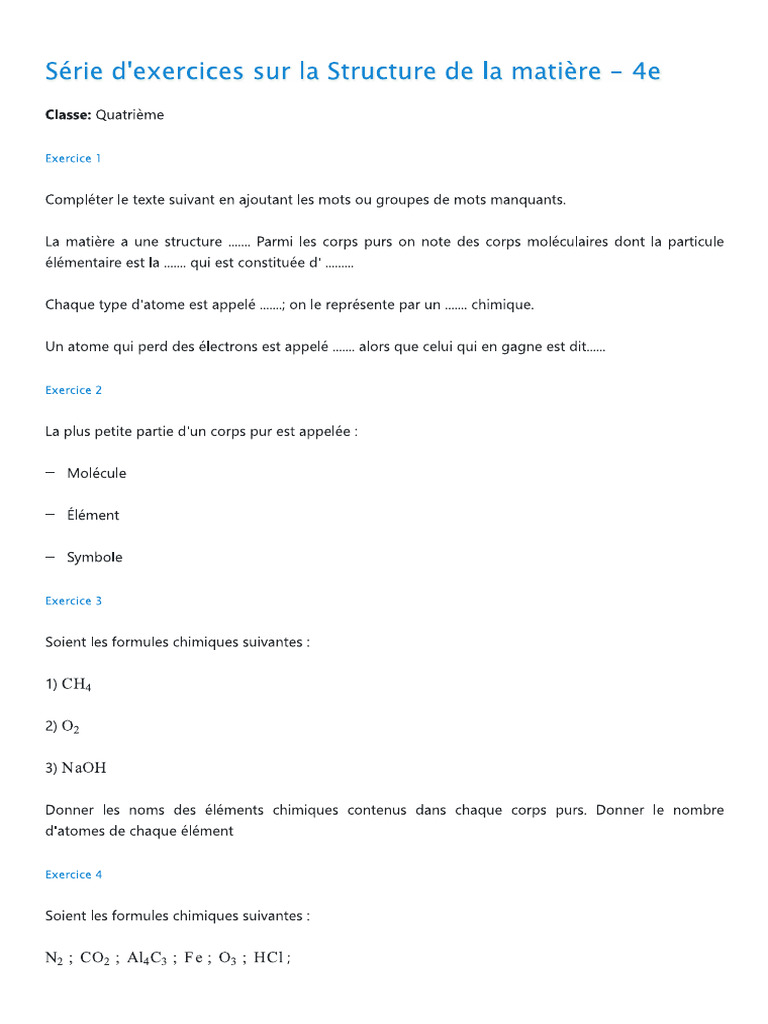 Série D - Exercices Sur La Structure de La Matière - 4e | PDF