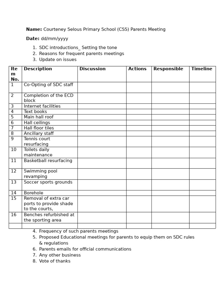 Courteney Selous School Parents Meeting Agenda | PDF