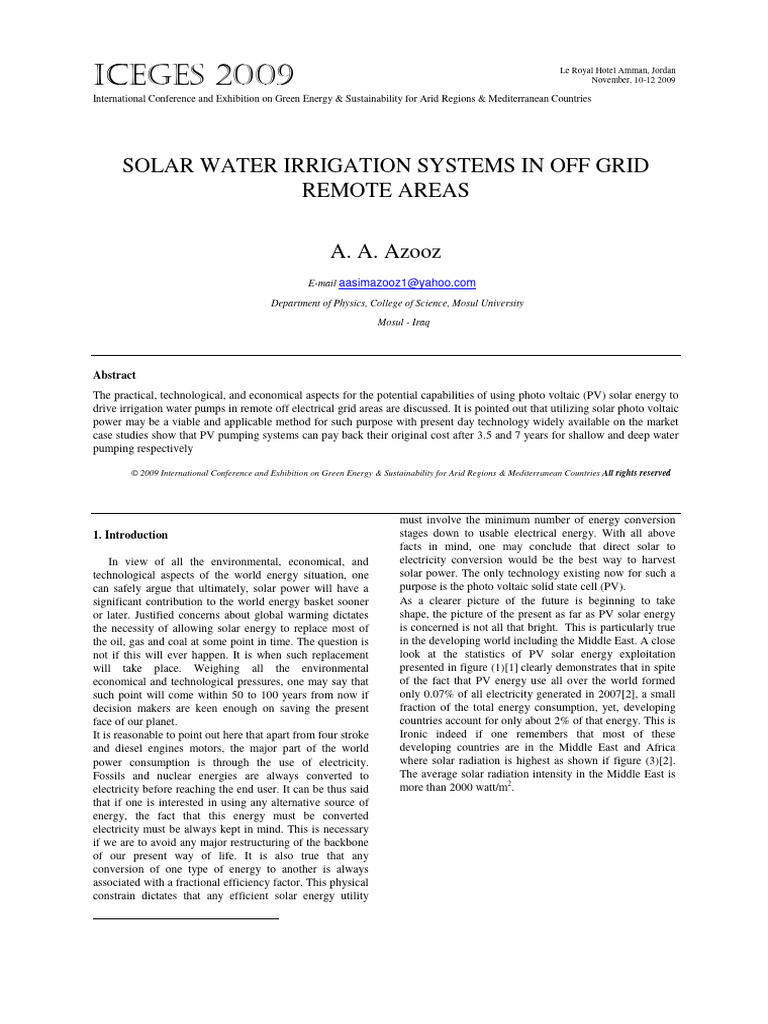Solar Water Irrigation Systems in Off Grid Remote Areas | PDF ...