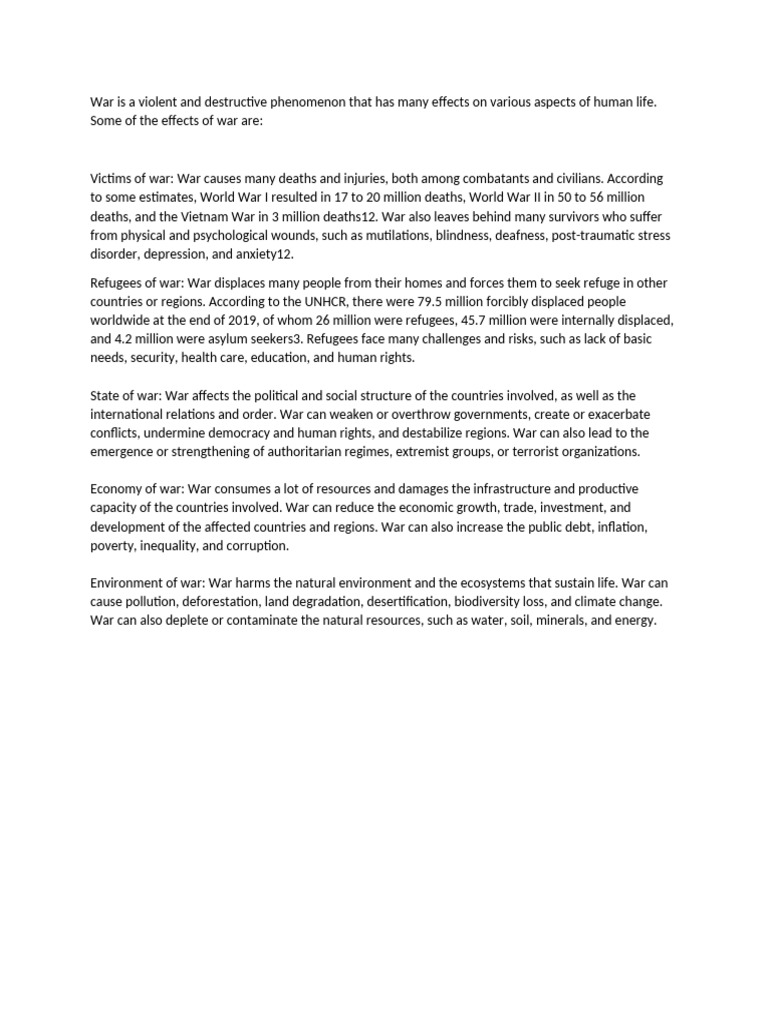 War Is A Violent and Destructive Phenomenon That Has Many Effects On ...