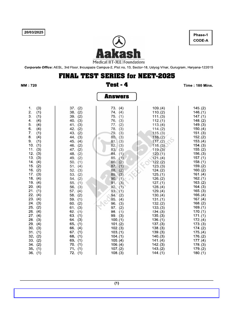 Fts 4 Code A Viju Phase 1 Ans @cet - Jee - Neet | PDF