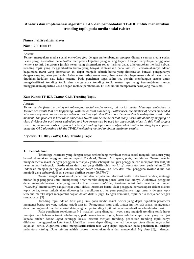 Analisis Dan Implemenasi Algoritma C4.5 Dan Pembobotan TF-IDF Untuk Menentukan Trending Topik ...