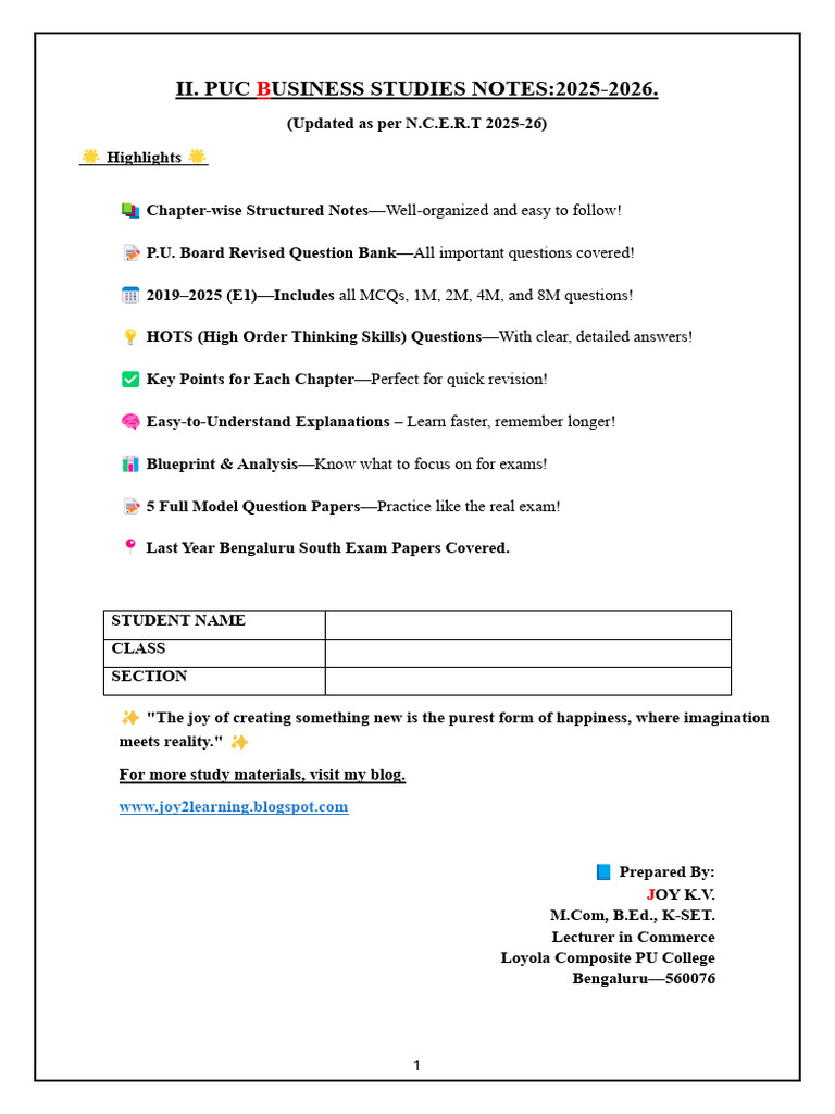 2nd PUC Business Studies Notes 2025-26 | PDF | Science | Goal
