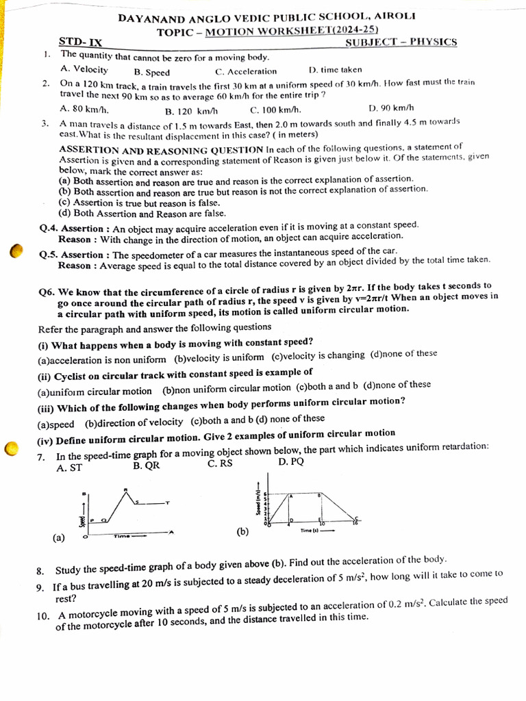 Q7P - IX - Physics - Worksheet 2024-25-10 | PDF | Acceleration | Speed