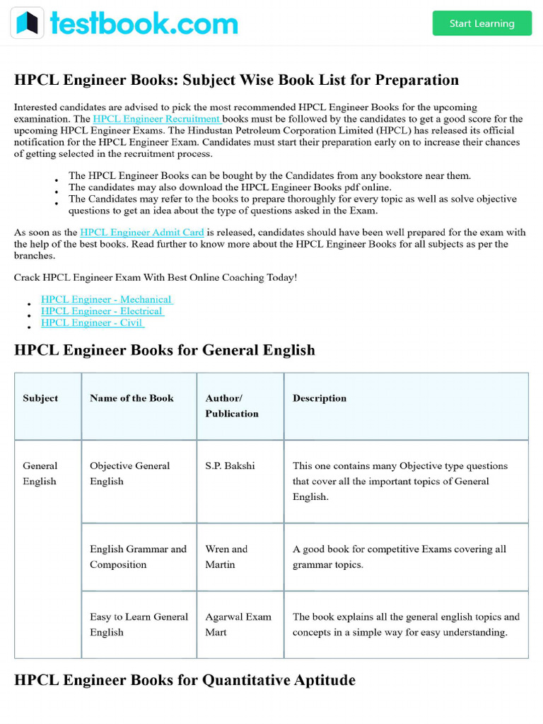 HPCL Engineer Books - Subject Wise Book List For Preparation | PDF