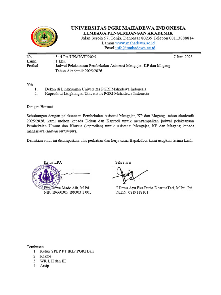 Surat Pemberitahuan Jadwal Pembekalan AM, KP Dan Magang (SRT Ke Dekan&Kaprodi) | PDF