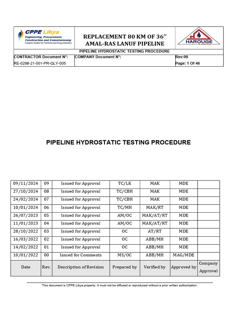 Re 0298-21-001 PR Qly 005 Rev09 Pipeline Hydrostatic Testing Procedure ...