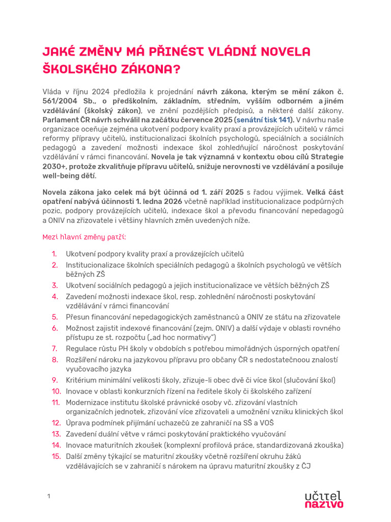 Jake Zmeny Muze Prinest Novela Skolskeho Zakona Z Kvetna 2025 | PDF