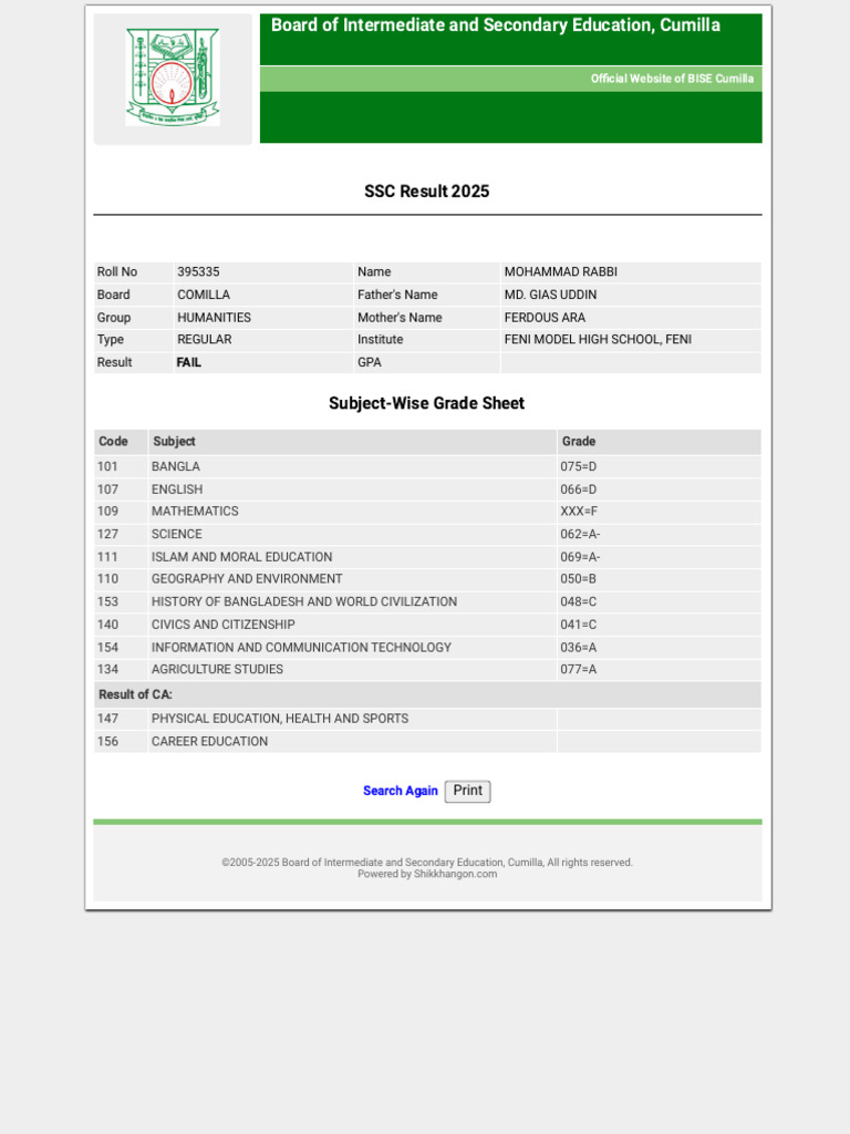 HSC Result 2025: Mohammad Rabbi | PDF
