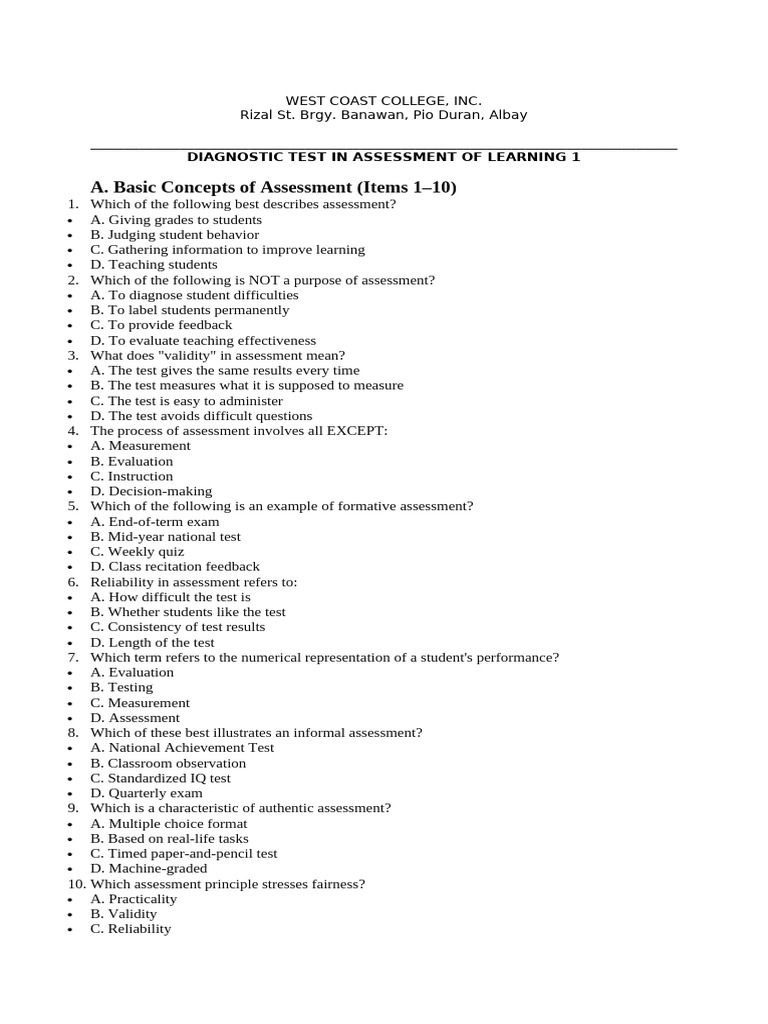 Diagnostic Test for Learning Assessment | PDF | Educational Assessment ...