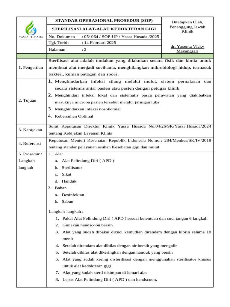 Sop Sterilisasi Alat Kedokteran Gigi | PDF