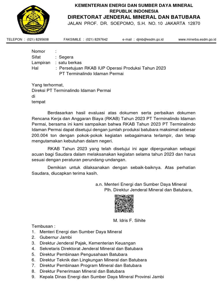 Persetujuan RKAB IUP Operasi Produksi Tahun 2023 PT Terminalindo Idaman ...