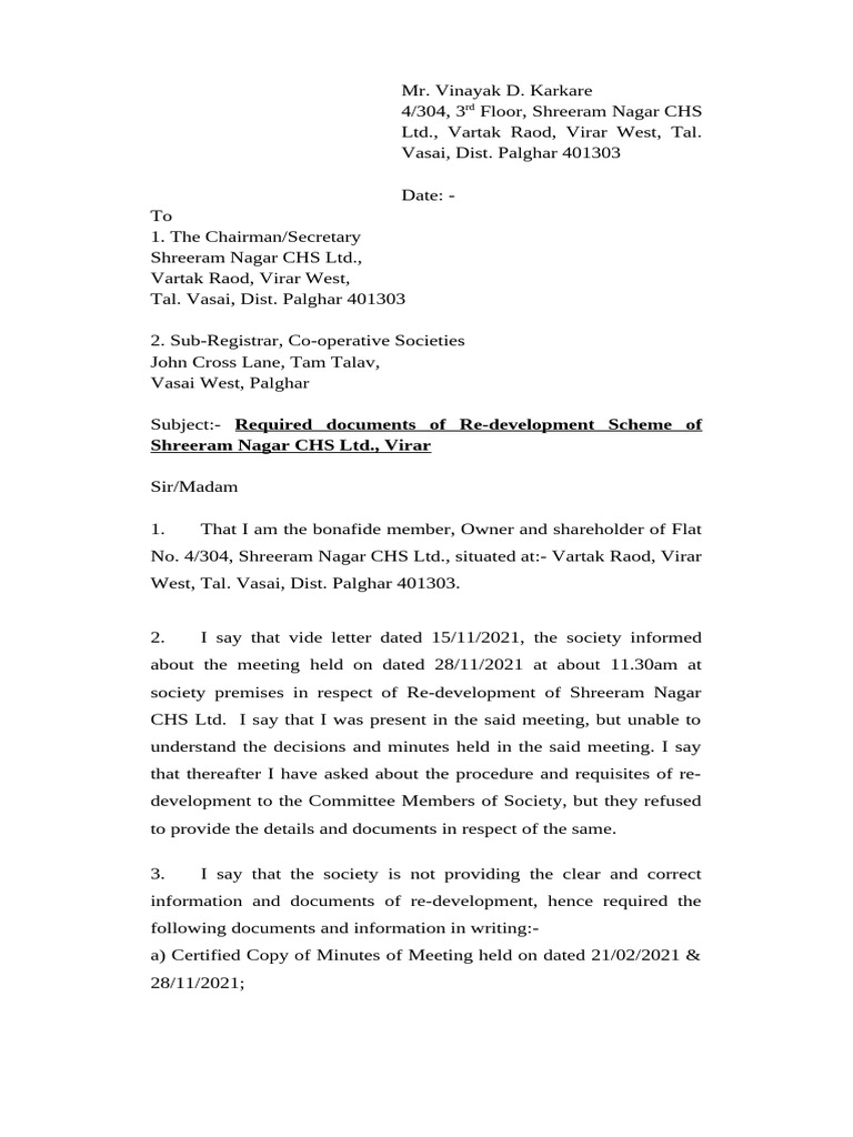 Letter To Society - Builder - Sub - Registrar For Non Co-Operation of ...