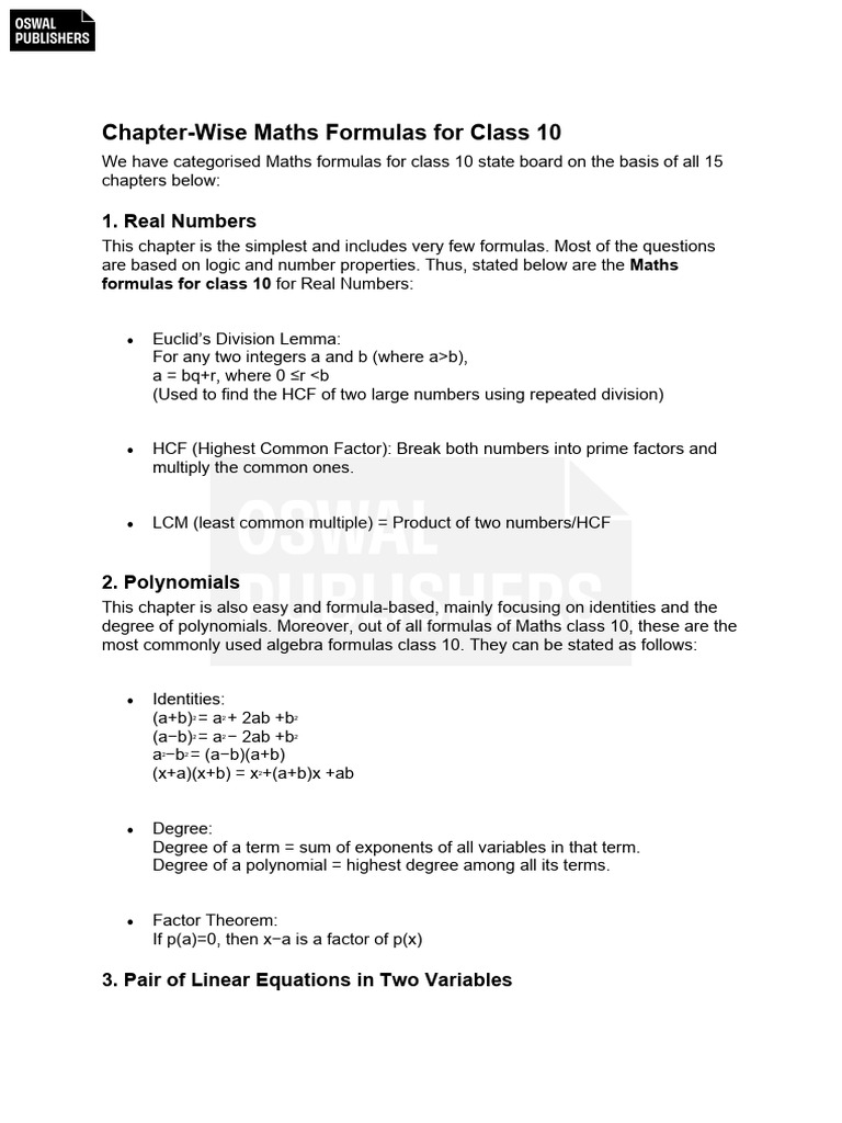 Maths Formulas For Class 10 | PDF | Numbers | Arithmetic