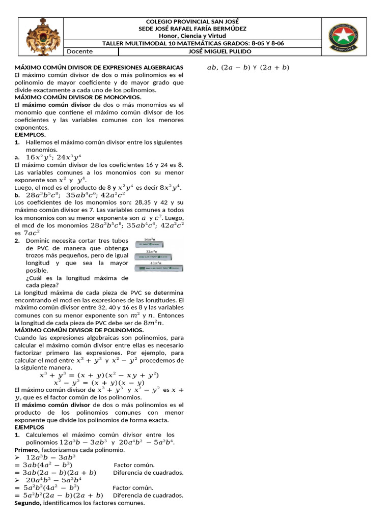 Taller Octavo Tercer Periodo | PDF | Factorización | Multiplicación